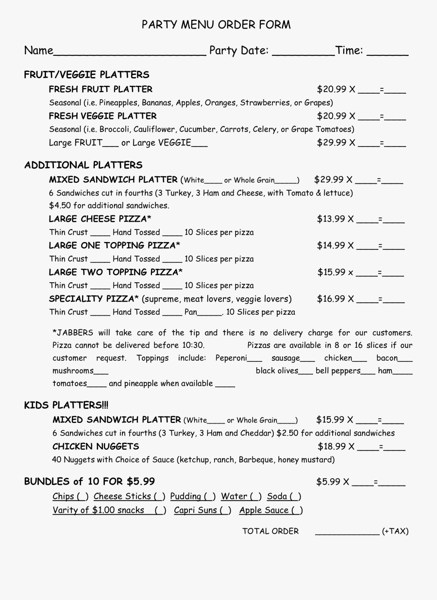 Clip Art Order For Party Templates - Order Form For Platters Template ...