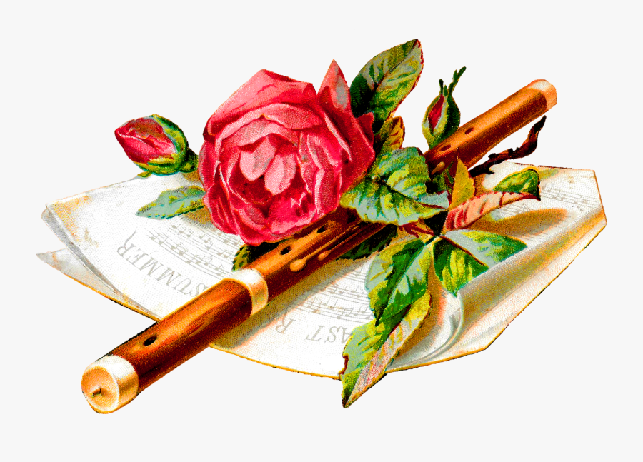 Flower Rose Music Flute Botanical Art Digital Image , Free Transparent ...
