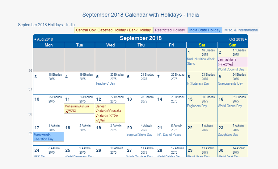 September 2018 Calendar India - 2020 Calendar India With Holidays ...