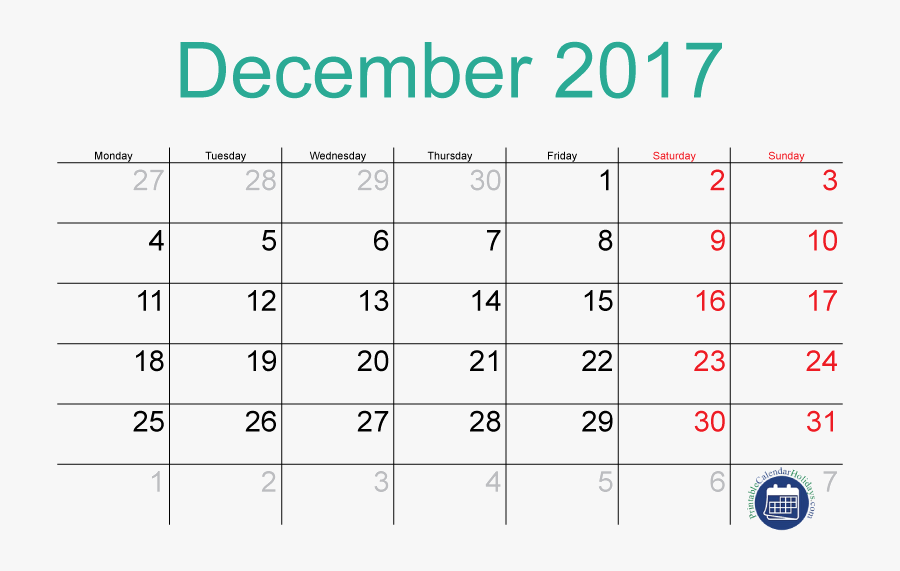 Clip Art December Printable - Sept 9 2017 Calendar , Free Transparent ...